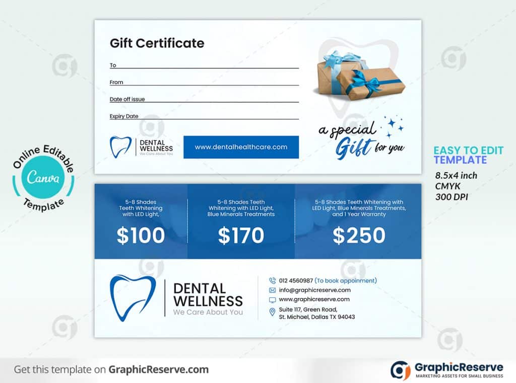 Dental Healthcare Gift Certificate Canva Template