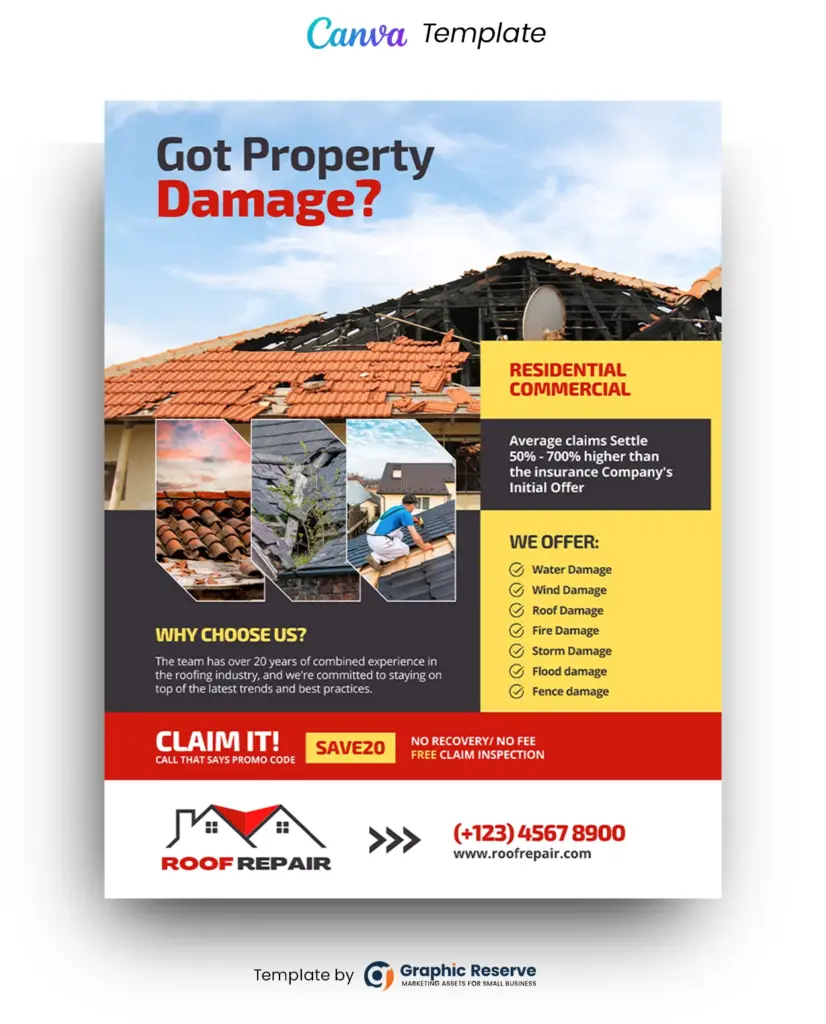 Property Damage Roofing Flyer Canva template