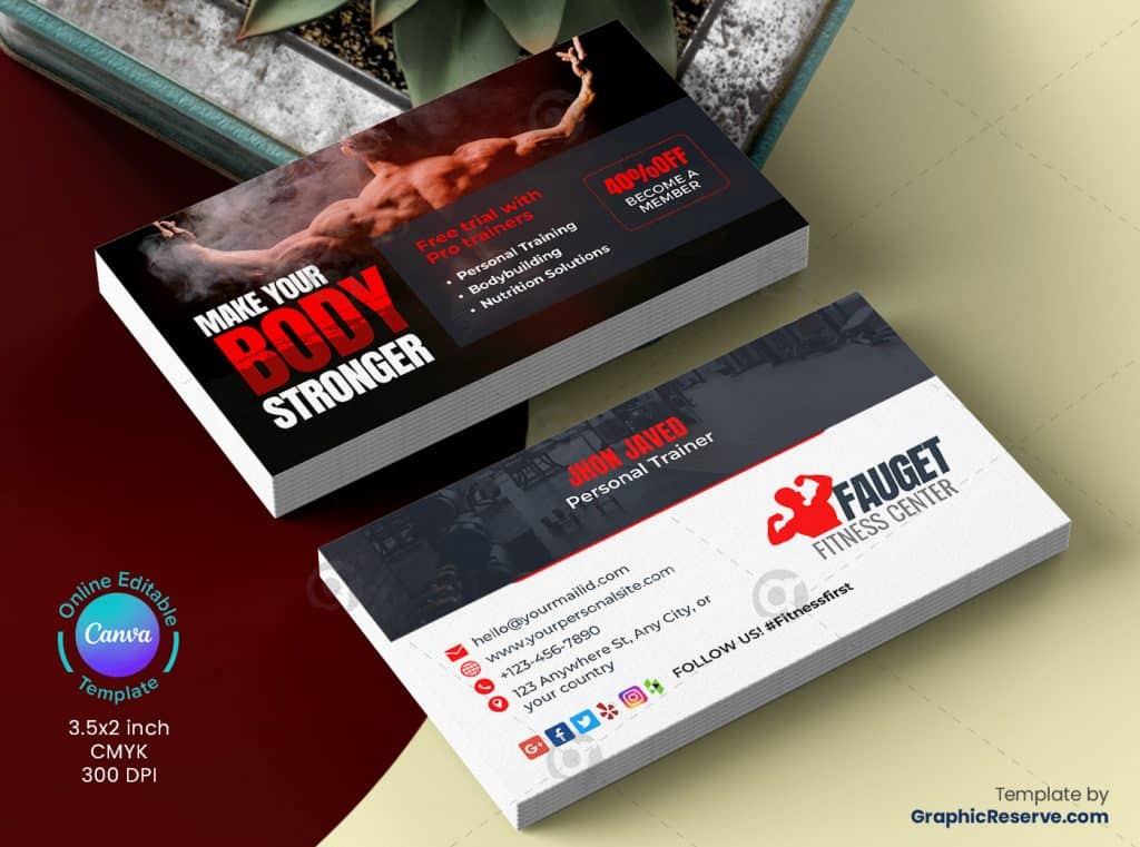 Fitness Trainer Business Card Canva Template - Professional Gym Design