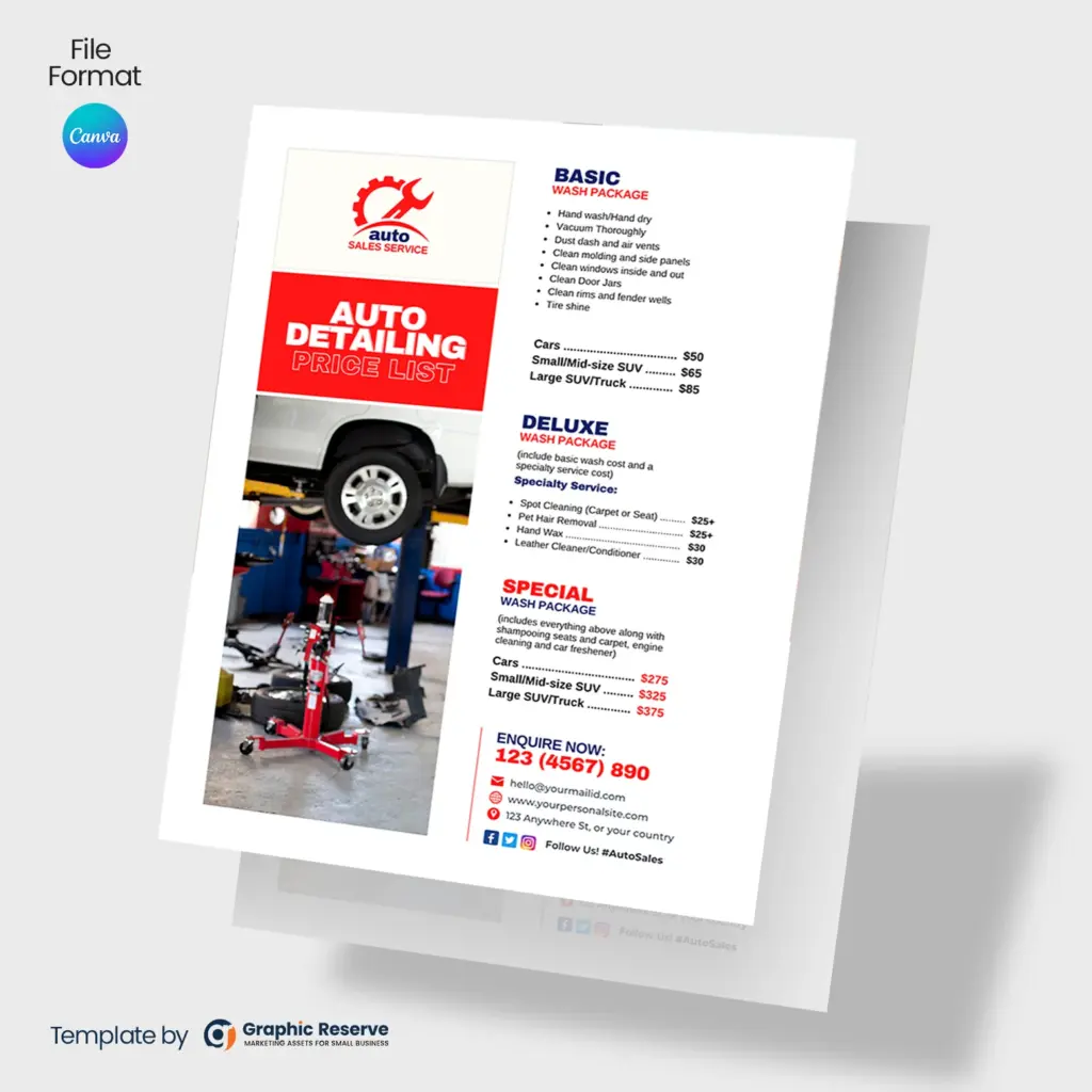 Auto Detailing Pricing Package Flyer Template - Editable in Canva