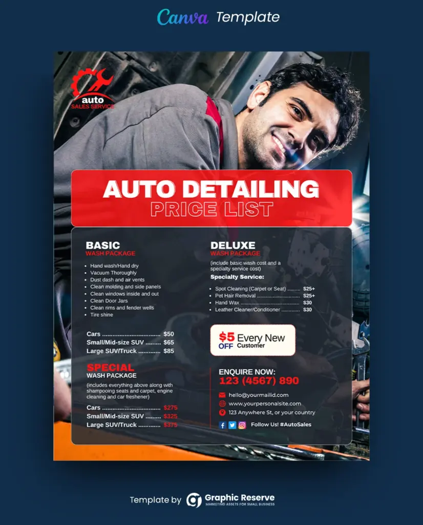 Editable Auto Detailing Pricing Package Flyer Template