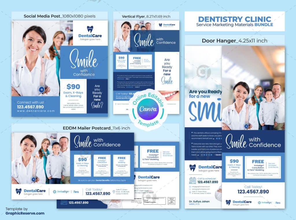 Dental Marketing Materials Design Template Bundle (Canva)