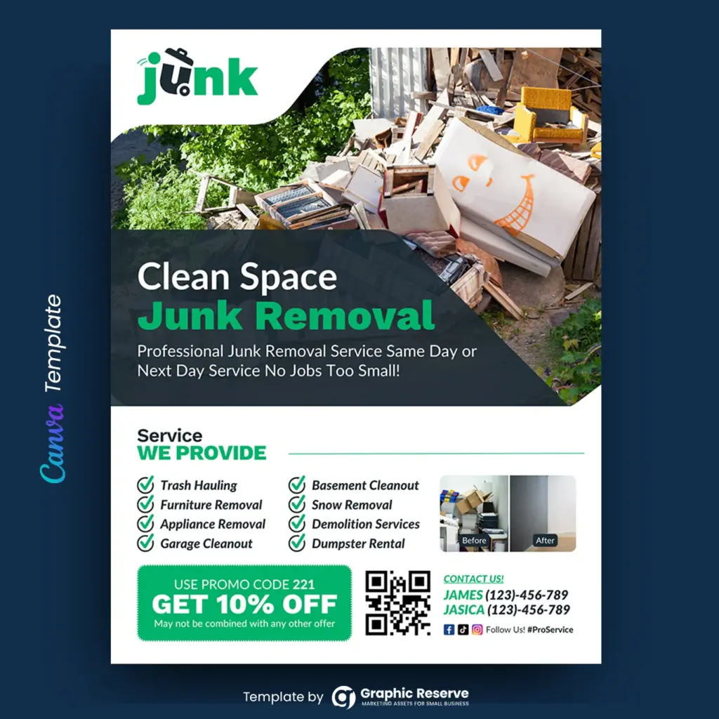Junk Removal Flyer Canva Template for Clean Space Junk Removal Services