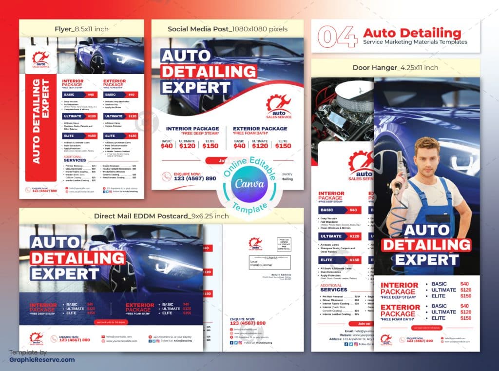 Auto Detailing Servicing Fee Marketing Material Bundle Canva Template