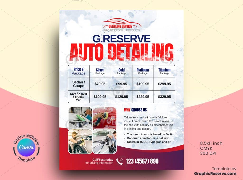 Auto Detailing Pricing Table Flyer 3 in 1 Bundle Canva Template ...