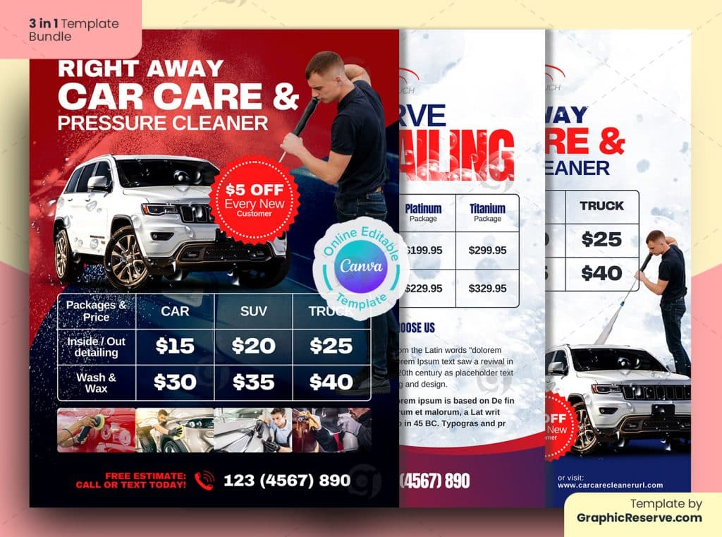 Auto Detailing Pricing Table Flyer 3 in 1 Bundle Canva Template ...