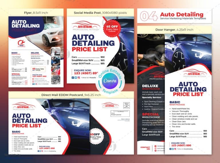 Auto Detailing Price Package Flyer 3 in 1 Bundle Canva Template