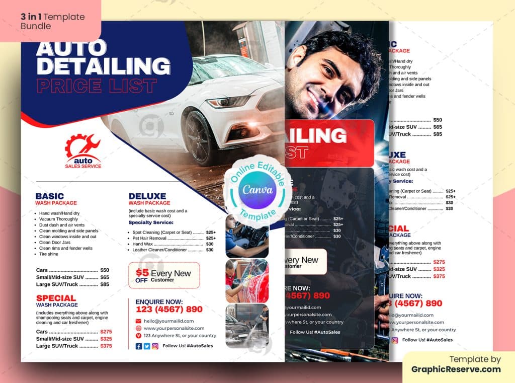 Auto Detailing Servicing Price-List Flyer 3 in 1 Bundle Canva Template