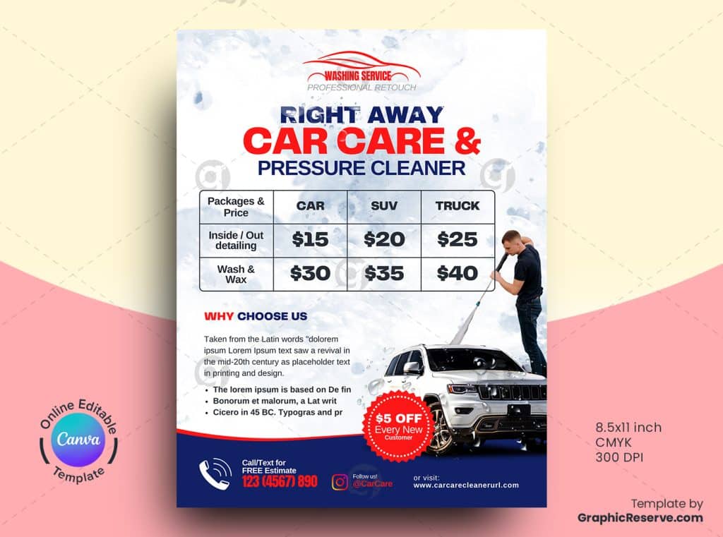 Auto Detailing Pricing Table Flyer 3 in 1 Bundle Canva Template ...