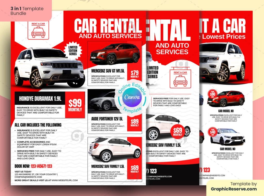 Rent a Car Flyer 3 in 1 Bundle Canva Template