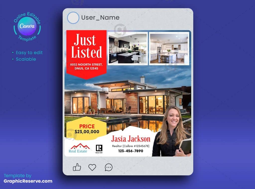 Just Listed Real Estate Social Media Post Canva Template