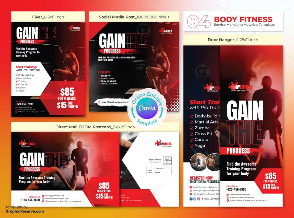Gym and Fitness Marketing Materials Template Bundle