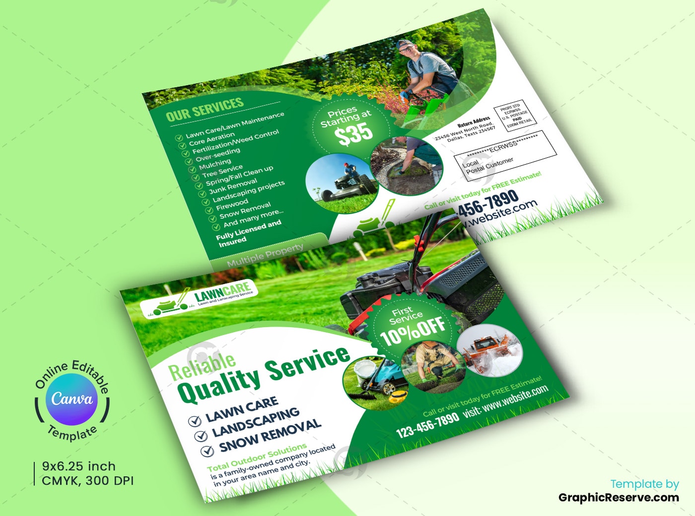 12+ Lawn Care Postcards (Direct Mail CANVA Design Templates)