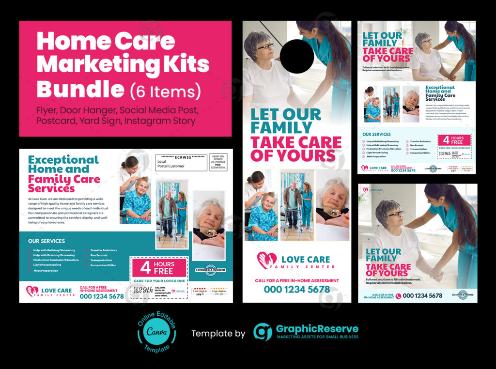 Home Care Marketing Materials Bundle (Canva Design Templates -6 Items)