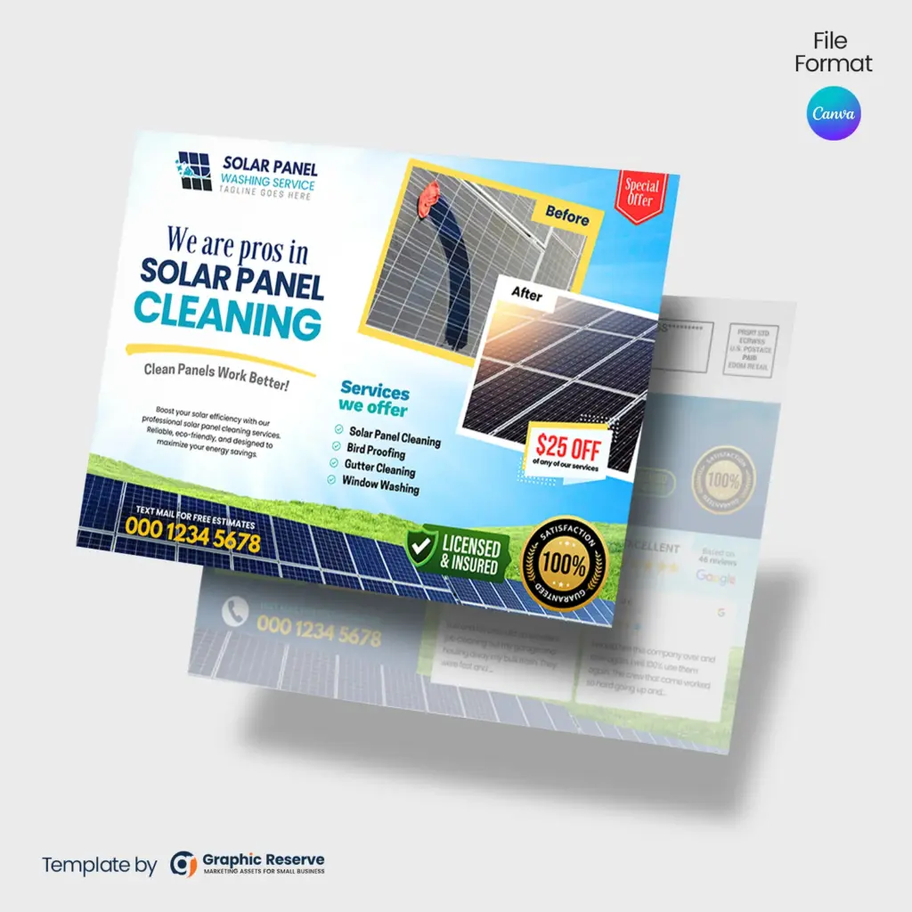 Solar Panel Cleaning Direct Mail EDDM Postcard Design Canva Template