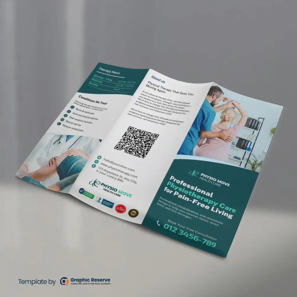 Physiotherapy Branding Trifold Brochure & Social Media Canva Templates
